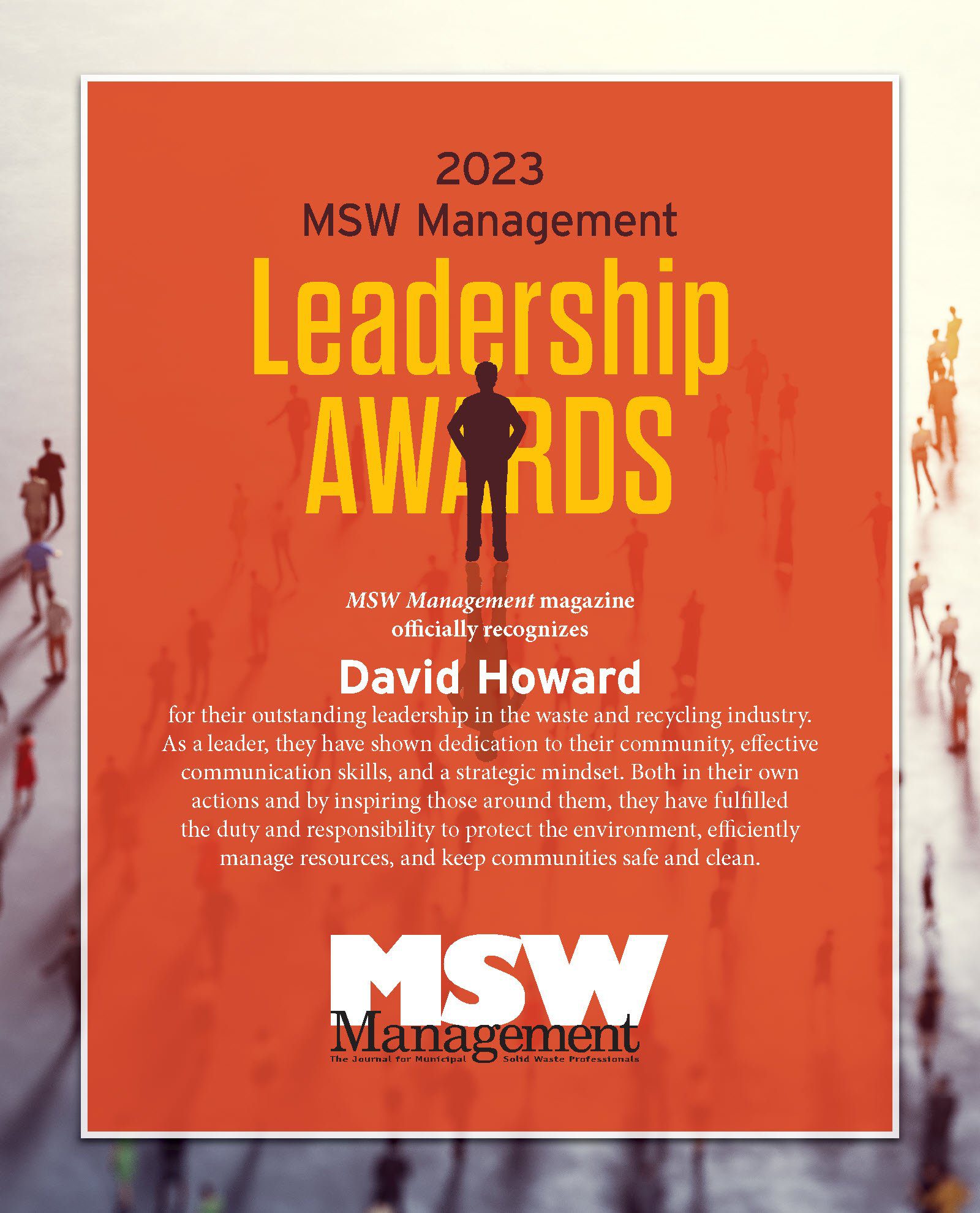 David Howard Receives MSW Management Leadership Award - Heartland